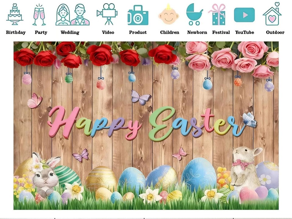 7x5ft Fabric Easter Wooden Wall Photography Backdrop Bunny Eggs Spring ...