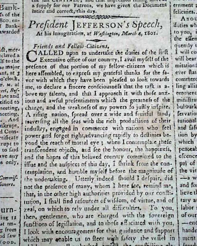 THOMAS JEFFERSON 1st Presidential Inauguration Inaugural Address 1801 ...