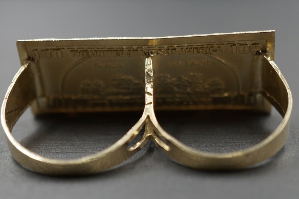 10K Solid Yellow Gold Hundred Dollar Diamond Cut Two Finger Ring. Size ...