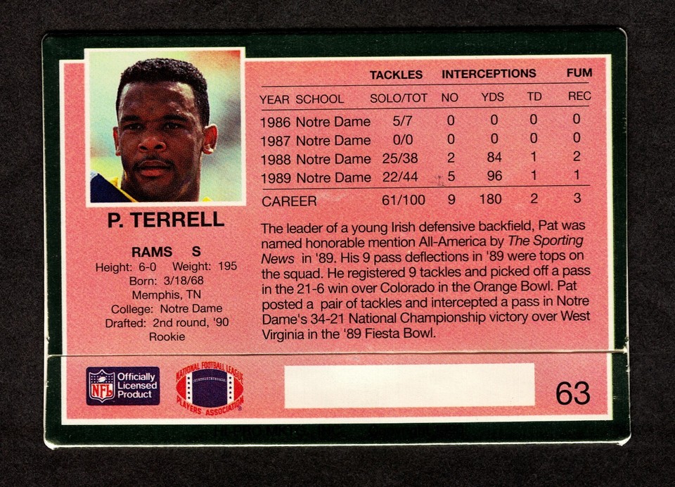 1990 ACTION PACKED RC #63 PAT TERRELL - LOS ANGELES RAMS - ROOKIE CARD ...