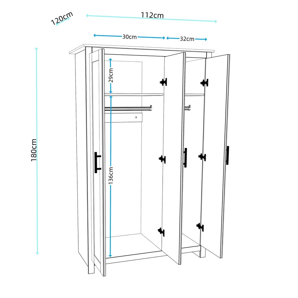 Wooden 3 Door Wardrobe with Hanging Rail Drawers Bedroom Storage ...