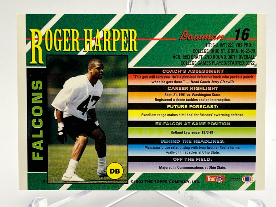 1993 Bowman NFL Football Card #16 Roger Harper DB #47 Atlanta Falcons ...