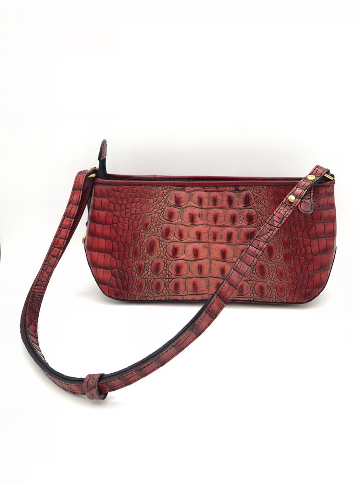 BRAHMIN Red Burgundy Leather Croc Embossed Satchel Bag Purse Handbag ...