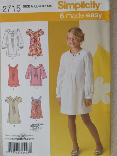 Simplicity Sewing Pattern 2715 Girls' Dresses Tunics Sizes 7 8 10 12 14 ...