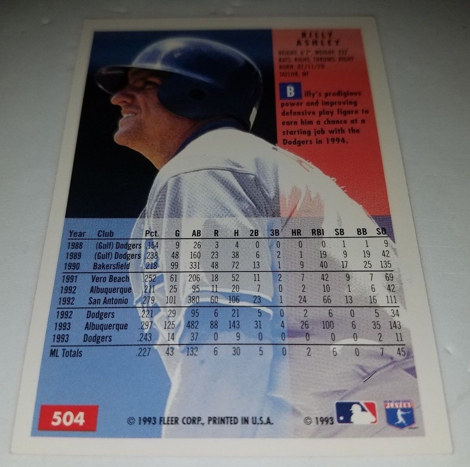 BILLY ASHLEY SIGNED 1994 FLEER #504 BASEBALL CARD AUTOGRAPHED DODGERS ...