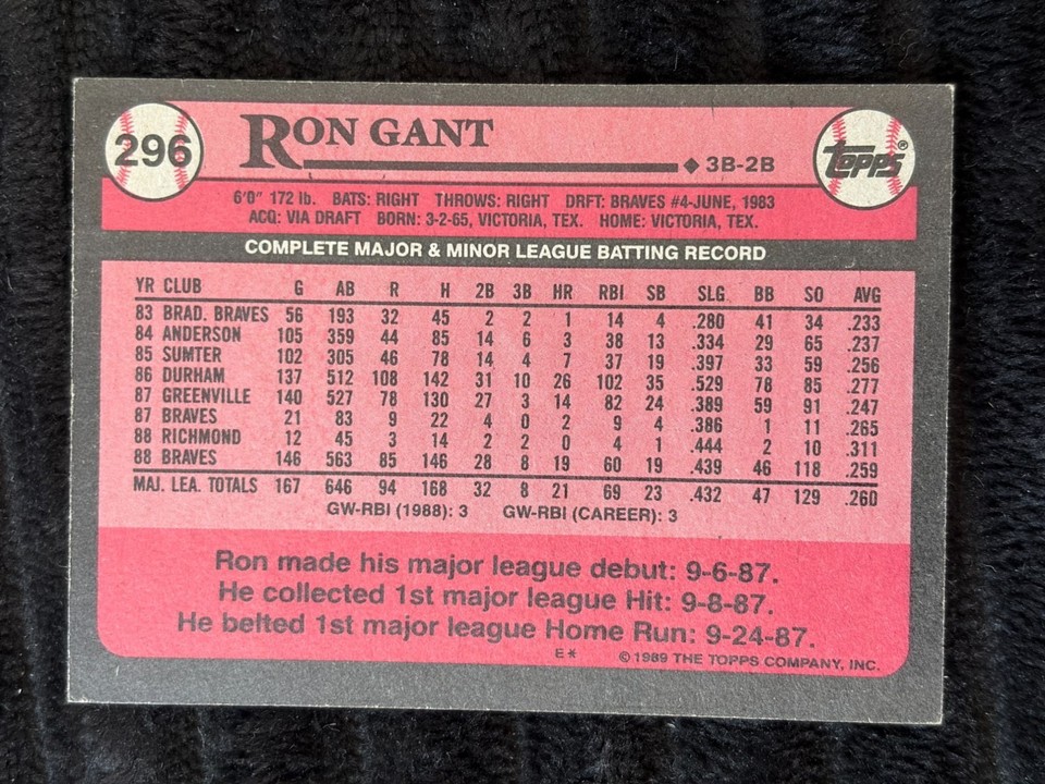 1989 Topps Ron Gant Rookie Baseball Card #296 Atlanta Braves All-Star ...