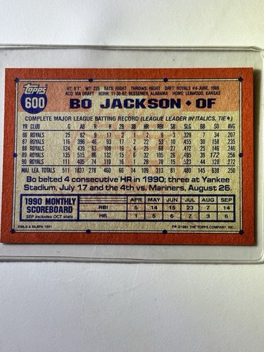 1991 Topps 40 Years of Baseball Card Bo Jackson #600MINT Printing ERROR ...