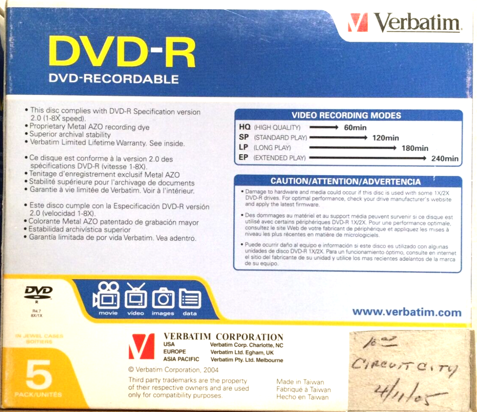 NEW SEALED 10 Verbatim DVD-R AZO 120 Mins Movie 8X 4.7GB w/ Jewel Cases ...