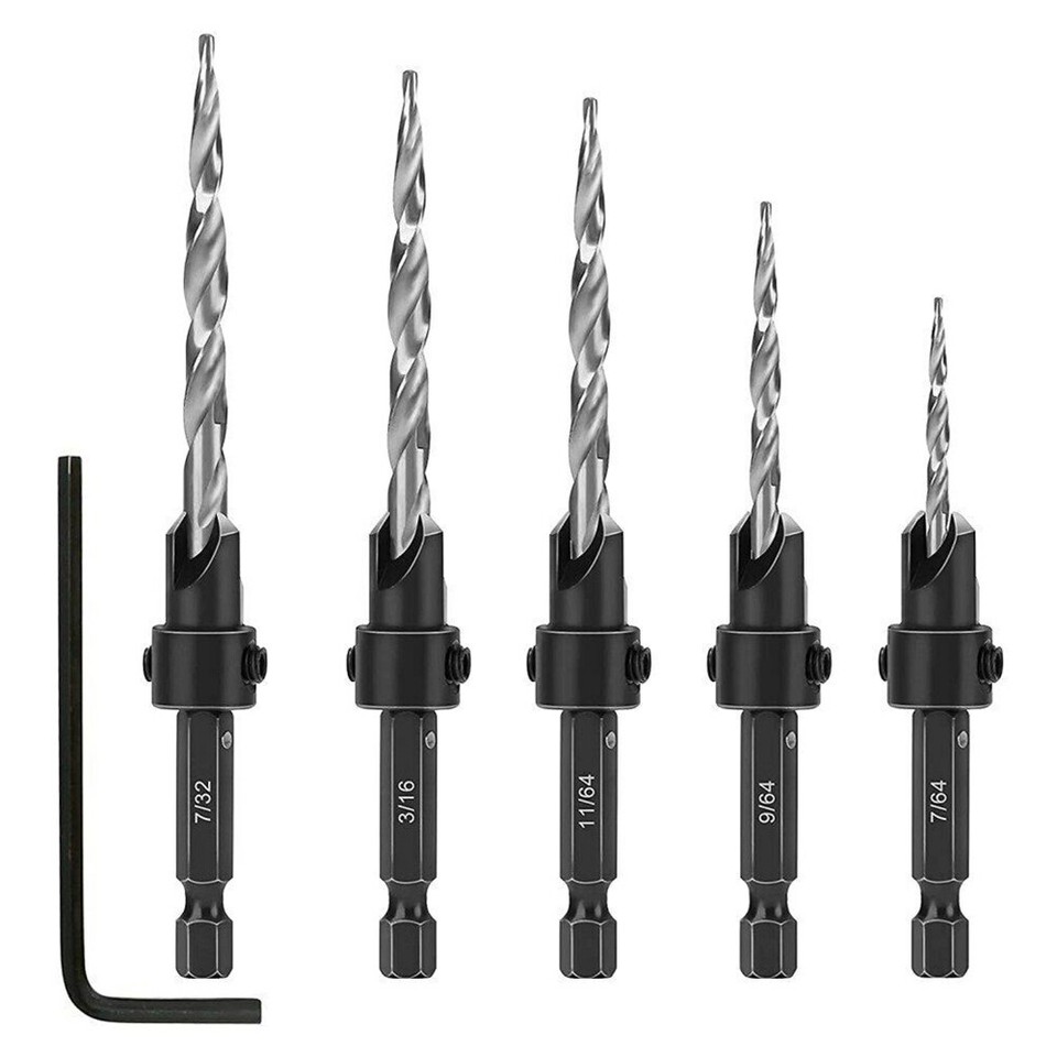 5x Tapered Drill Countersink Bit Screw Set Wood Pilot Hole Tools Fast ...