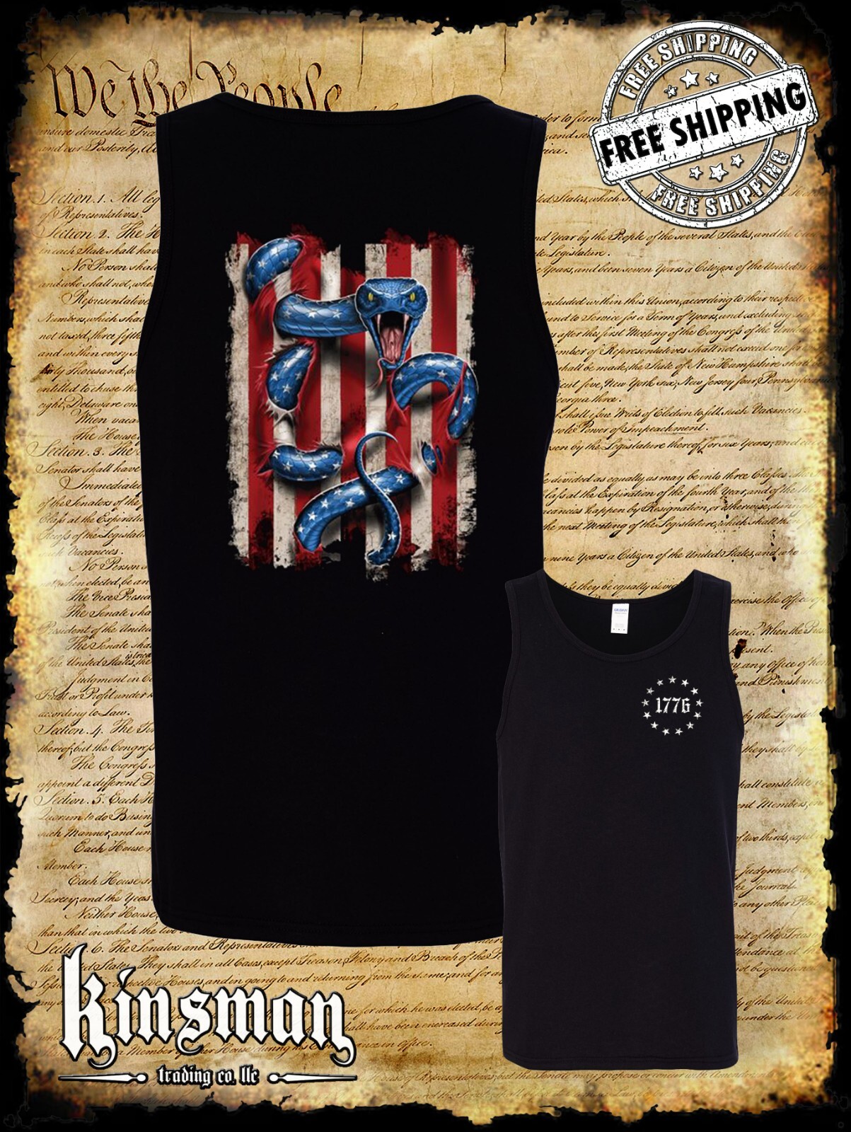 American Serpent 2-Sided Tank Top T-Shirt / USA Flag 2nd Amendment ...