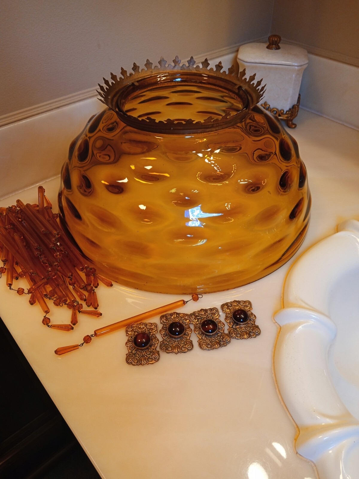 Antique Rarely Seen Amber 14" Bullseye Shade, Prisms & Tiger Eye Parts ...