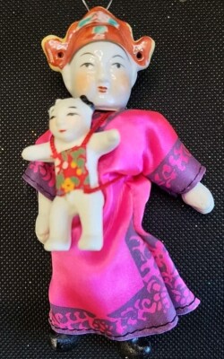 Chinese Mama & Baby Porcelain Bisque Dudou Cloth Apron Ornament | eBay