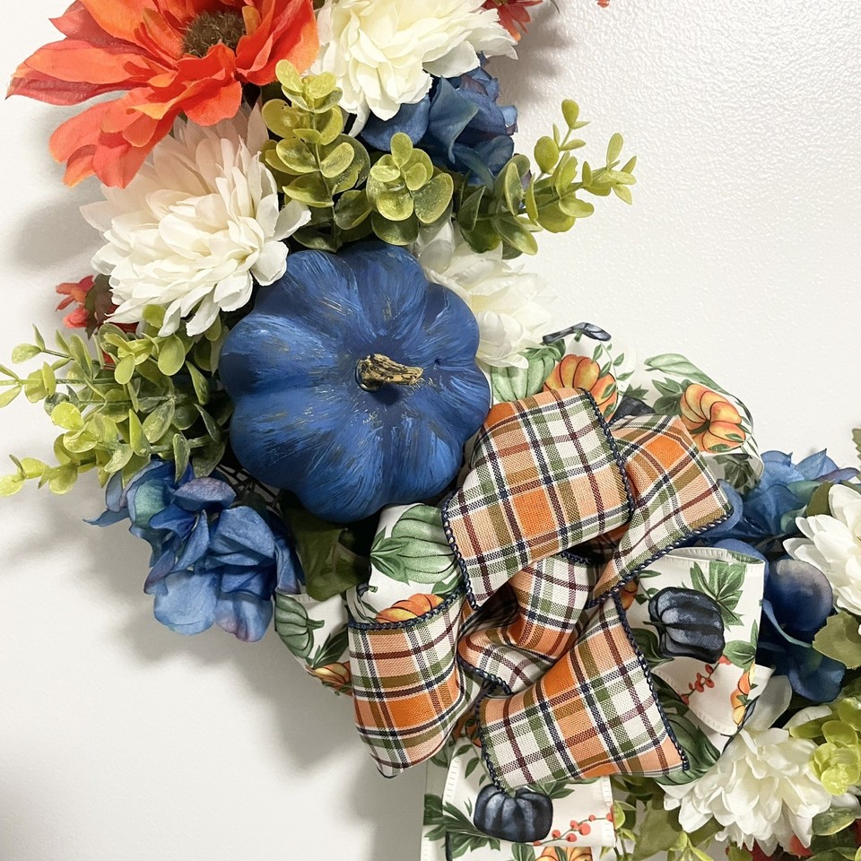 Blue And Orange Fall Wreath With Pumpkins 22in Cottagecore Country ...