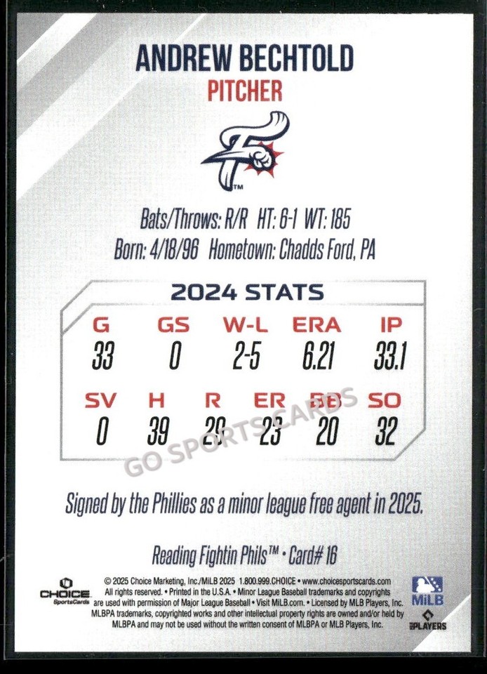 2025 Reading Fightin Phils 2nd Andrew Bechtold RC Rookie Phillies Minor ...