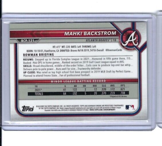 MAHKI BACKSTROM 2022 1st Bowman Chrome Prospects #BCP-121 Green MOJO 34 ...