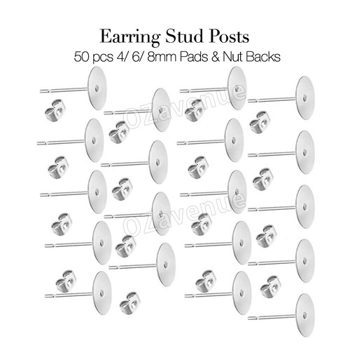 200pcs 4/8mm DIY Flatback Earring Stud Posts Pads & Nut Backs Stainless ...