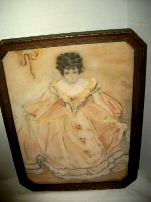 VICTORIAN PASTEL PAINTING LADY PORTRAIT CRINOLINE DRESS OCTAGON WOOD ...