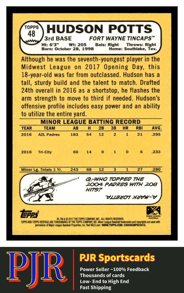 2017 Topps Heritage Minor League #48 Hudson Potts Fort Wayne TinCaps | eBay