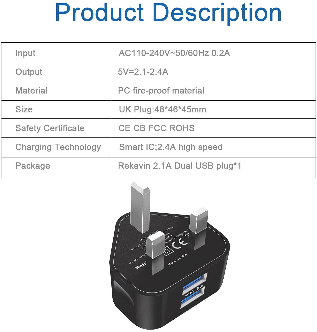 Univeral Multi Dual USB Plug UK CE Mains USB 3 Pin Power Plug Charger ...