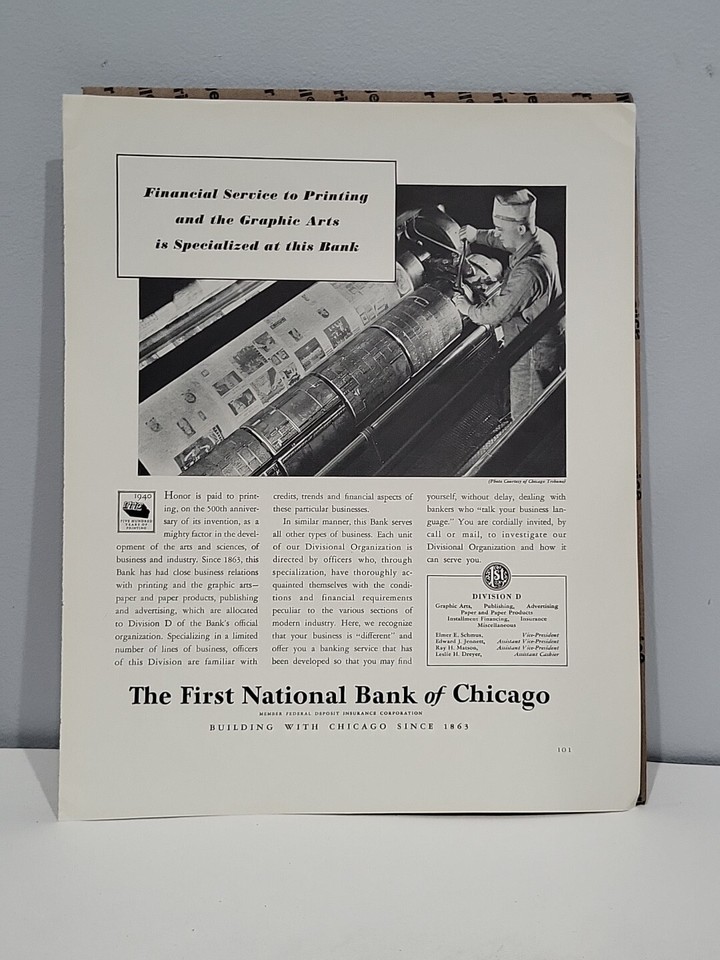 1940 First National Bank of Chicago Fortune WW2 Print Ad Q3 Printing ...