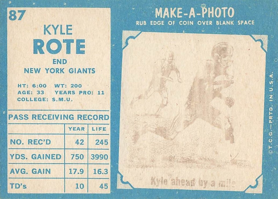 KYLE ROTE 1961 TOPPS FOOTBALL #87 | eBay