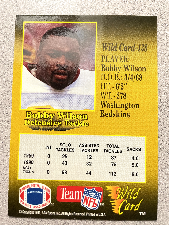 1991 Wild Card Bobby Wilson 5 Stripe Parallel Card #138 Washington ...