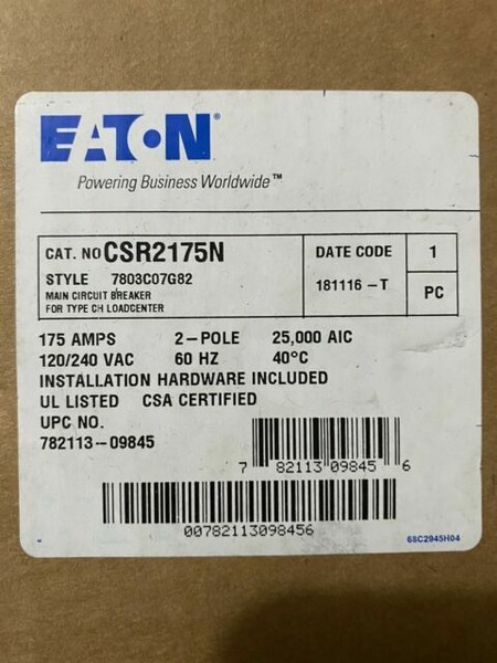 Eaton 120/240 V 175A Circuit Breaker - Black (CSR2175N) for sale online ...
