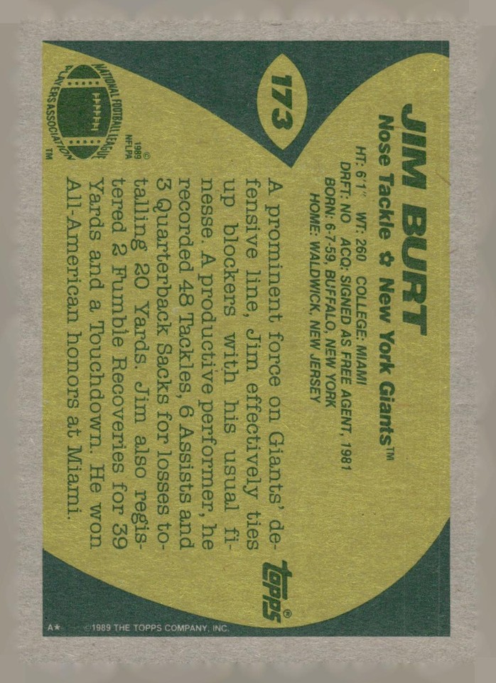 1989 Topps #173 Jim Burt New York Giants Football Card | eBay
