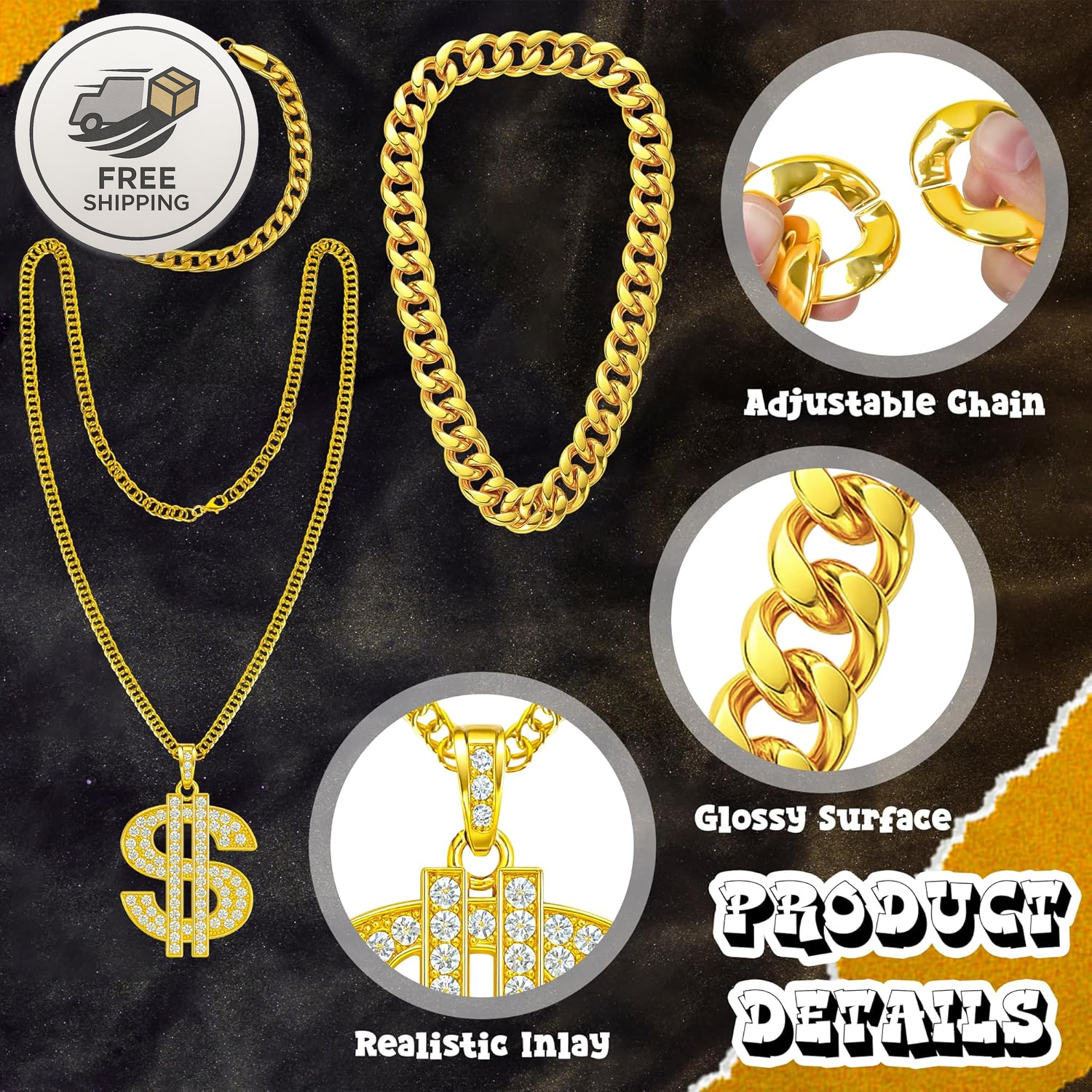 80S 90S Accessories Outfit Accessories Hip Hop Costume Kit Faux Gold ...