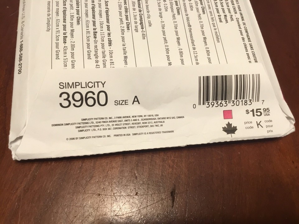 Simplicity Sewing Pattern 3960 No Sew small to Large Dog Clothes Bed FF ...