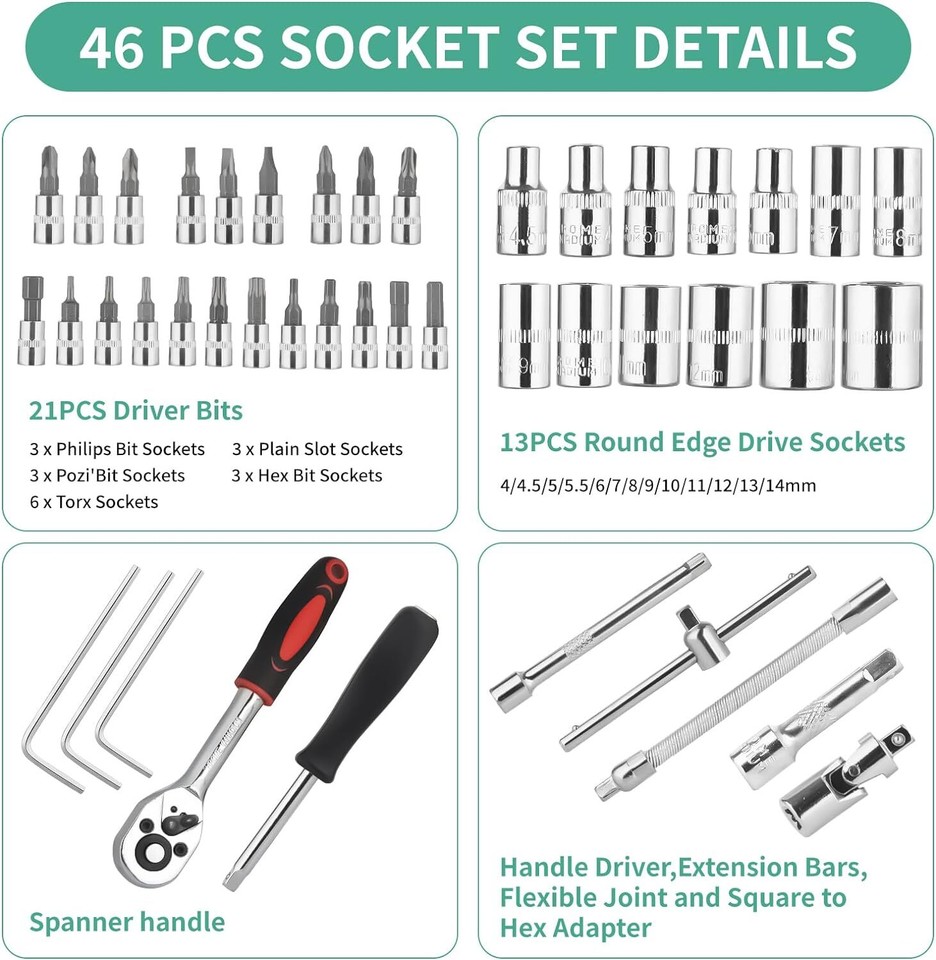 46 Pcs Socket Wrench Set 1/4" Drive Ratchet Metric Kit Garage Car ...