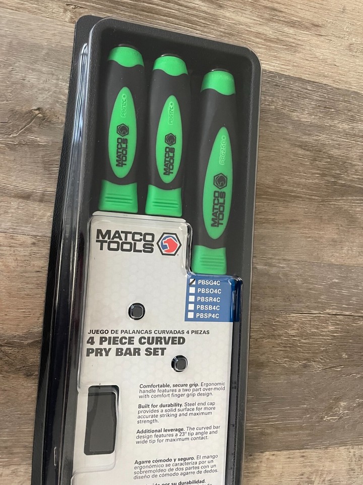 Sealed/New Matco 4 Pc Green Curved Tip Prybar Set in Storage Tray(8,12 ...