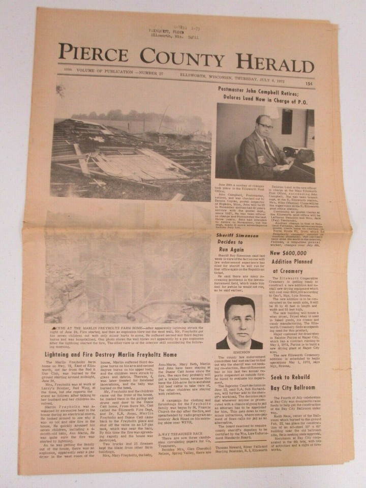 Pierce County Herald Newspaper Ellsworth Wisconsin Thursday July 6 1972 ...