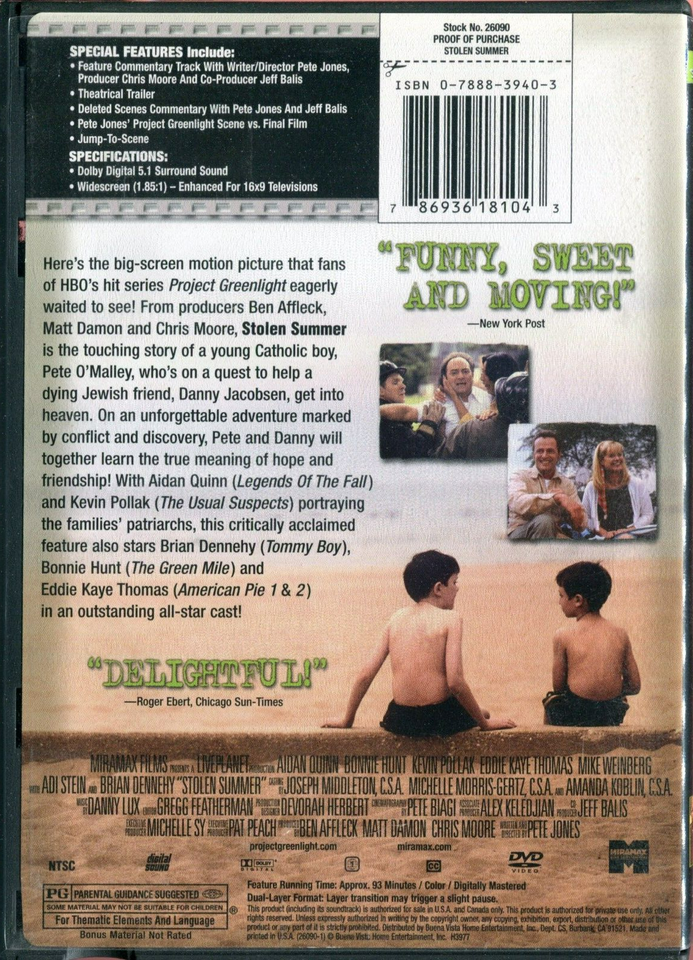 Project Greenlight's STOLEN SUMMER The Movie (DVD) Aidan Quinn, Bonnie ...
