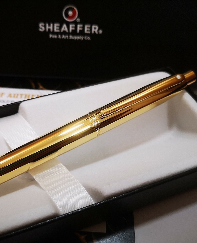 Sheaffer Vfm Pen Ballpoint Push Button Black Ink Boxed 24ct Gold Plated ...