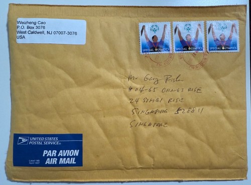 USA 2007 Cover to S'pore cw 2003 Special Olympics (3 x 80c) Stamps. Red ...