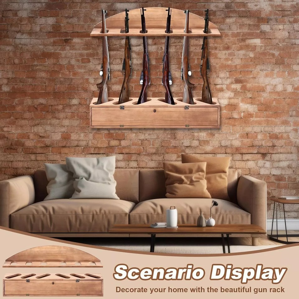Wood Gun Rack Wall Mount Gun Display Rack Storage Compartment Holds 6 ...