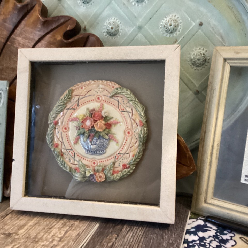 3d plate shadow box cottage core ceramic shabby art raised flowers ...