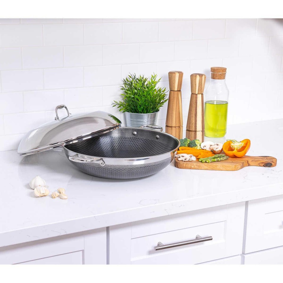 HexClad 14" Hybrid Stainless Steel Wok Glass Lid Non-Stick Induction ...