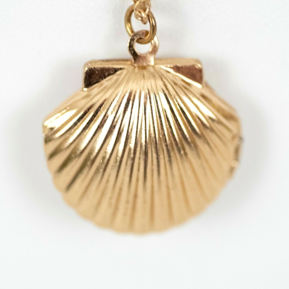 Seashell Locket Necklace Gold Tone Aurora Fish Scales Aurora Rhinestone ...