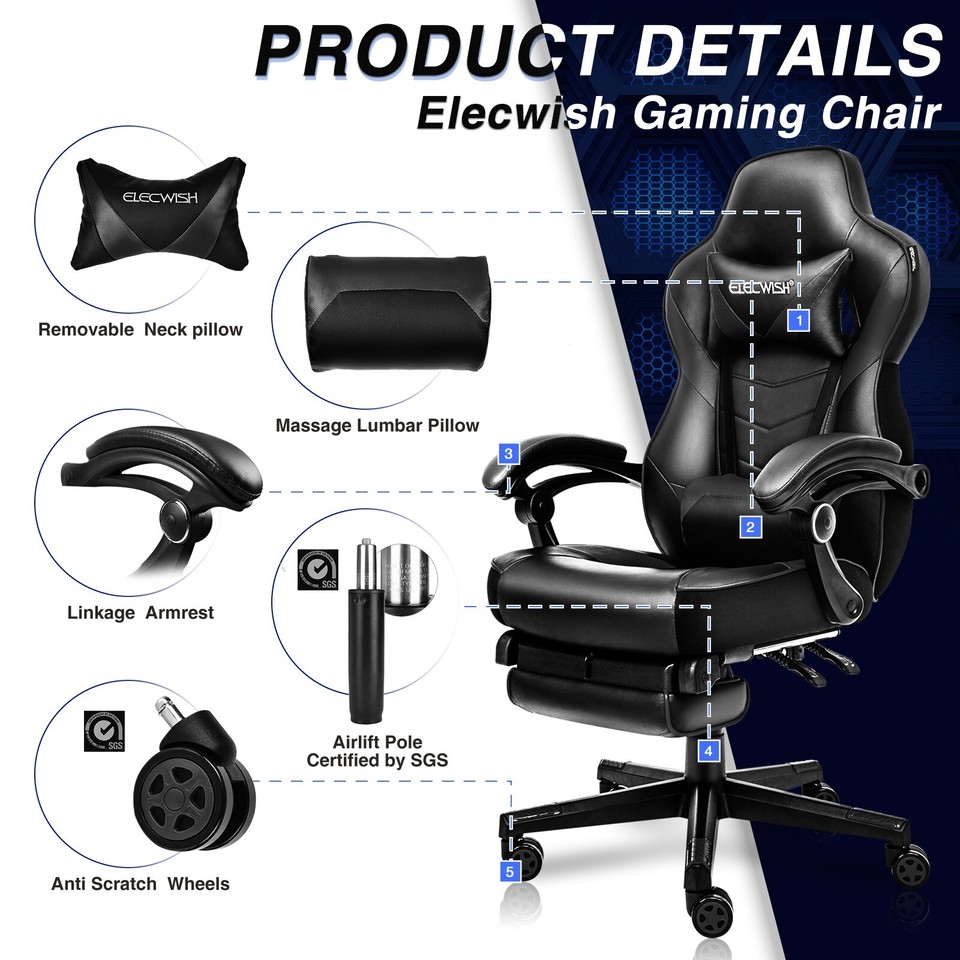 ELECWISH Gaming Chair Ergonomic Computer Office Chair Recliner Swivel ...