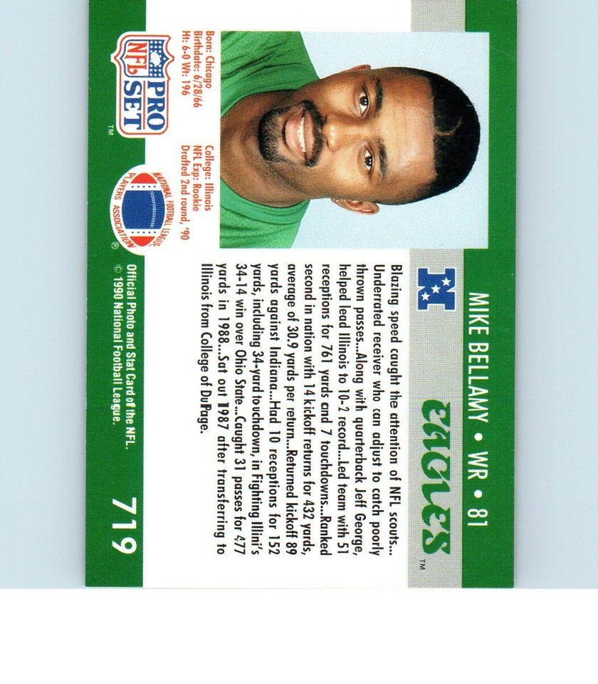 Mike Bellamy 719 Eagles 1990 Pro Set NFL Football Trading Card | eBay