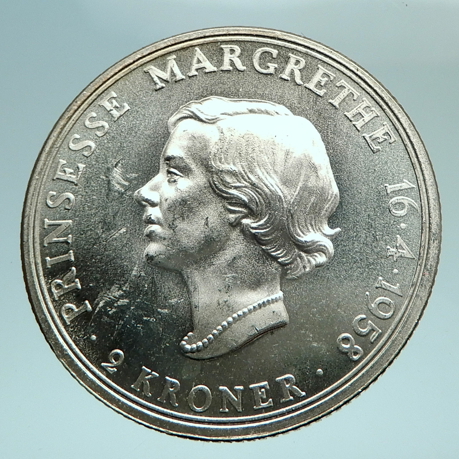 1958 DENMARK Frederick IX Princess Margrethe Antique Silver 2 Kroner ...