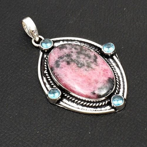Rhodonite Blue Topaz Gemstone Ethnic Handmade Pendant Jewelry 2.48" AP ...