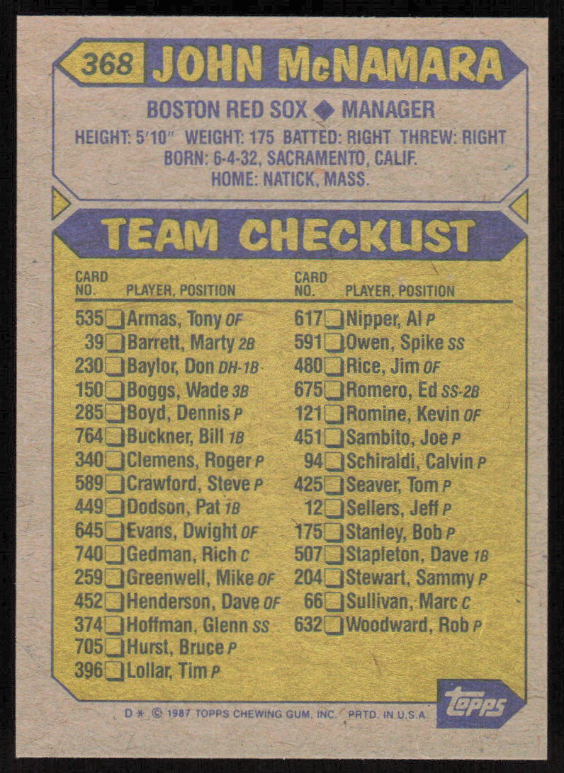 1987 Topps - #368 John McNamara for sale online | eBay