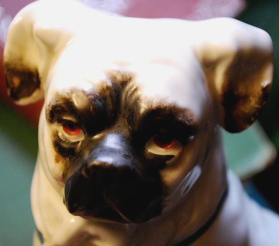 Antique STAFFORDSHIRE PORCELAIN PUG DOG FIGURINE Gold Bow Tie VICTORIAN ...