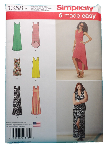 Simplicity 1358 Knit Dress w Neckline Variations, Hi-Lo Hem, Maxi Sz ...