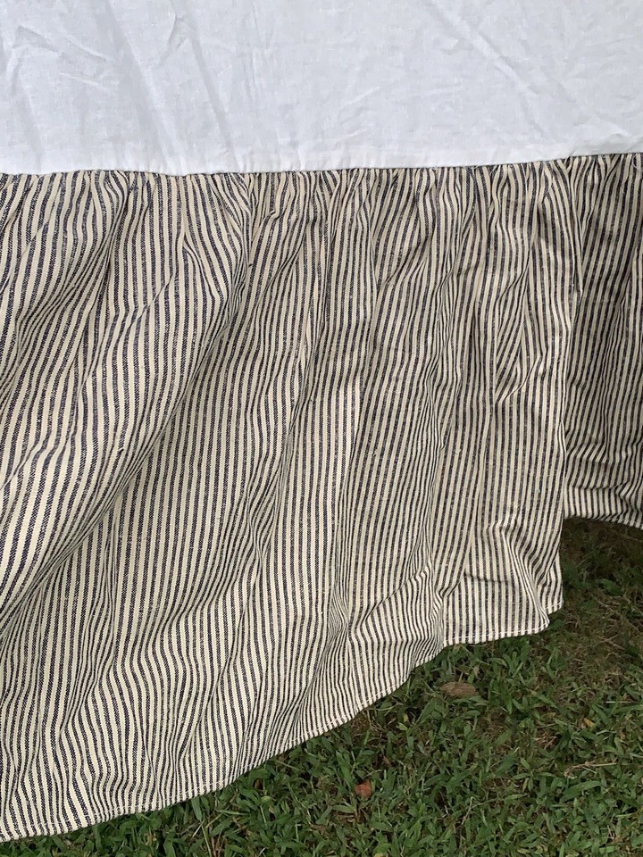 VTG Custom Black Taupe Linen Stripe Cotton Queen Dust Ruffle 15”drop ...