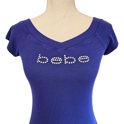 Vintage Y2K Bebe Rhinestone Logo Blue Ribbed Shirt Si… - Gem