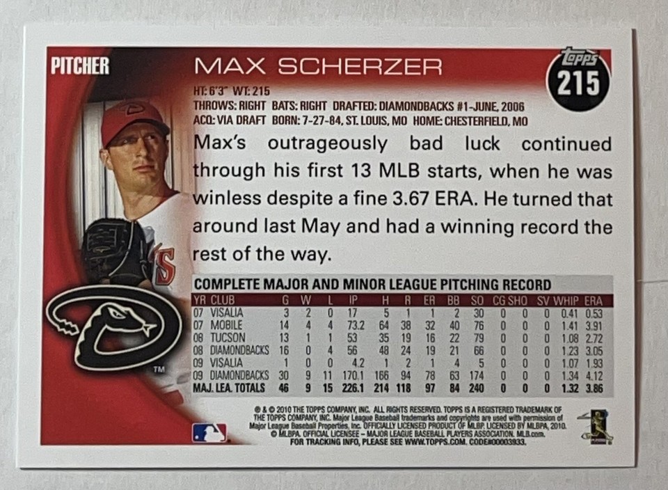 2010 Topps Baseball #215 Max Scherzer Arizona Diamondbacks Mint | eBay